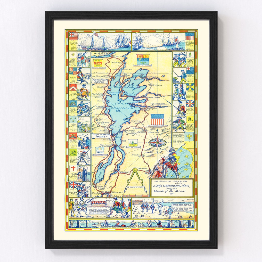 Lake Champlain Map 1939 - Old Map of Lake Champlain Art Vintage Print Framed Wall Art Canvas ...