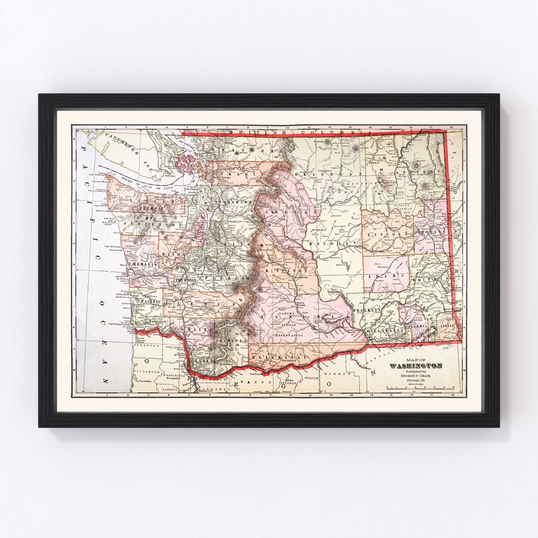Washington Map 1904 Old Map of Washington Art Vintage Print Framed Wall ...