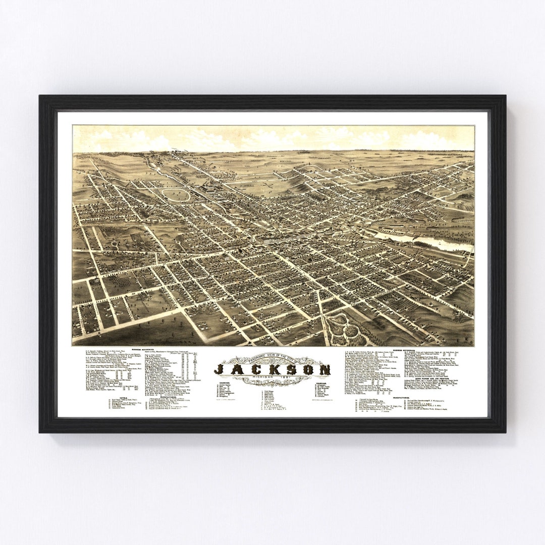 Jackson Map 1881 Old Map of Jackson Michigan Art Vintage Print Framed ...