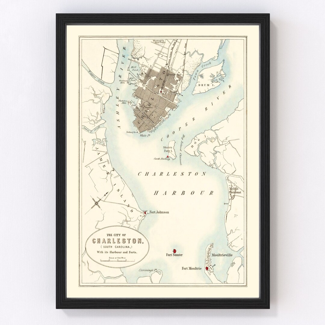 Charleston Map 1857, Vintage Charleston Map, Old Charleston South ...