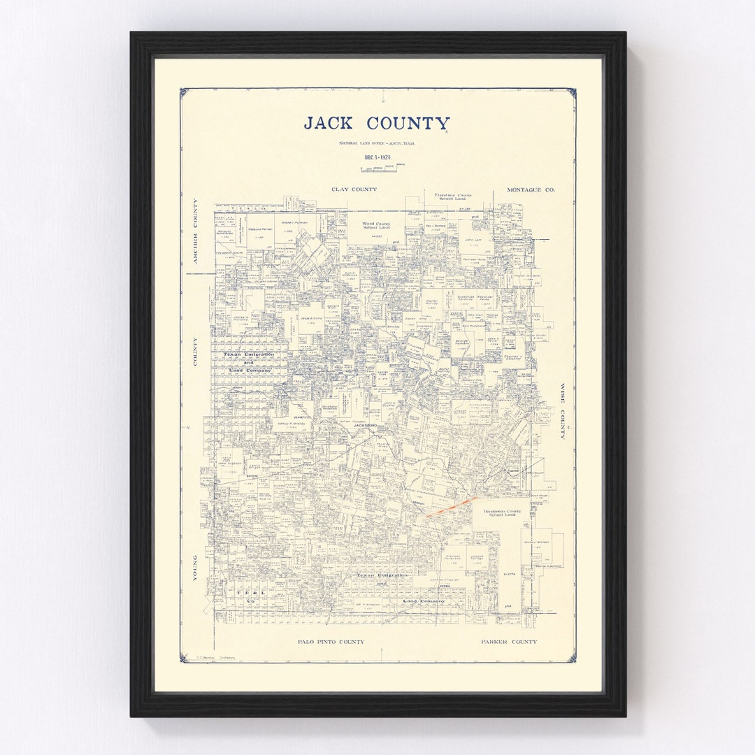 Jack County TX Map 1925 Old Map of Texas Art Vintage Print Framed ...
