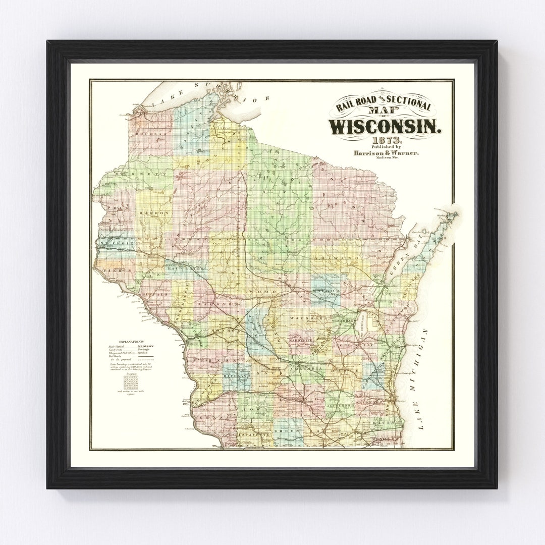 Wisconsin Map 1873, Vintage Wisconsin Map, Old Wisconsin Art, Wall Art ...