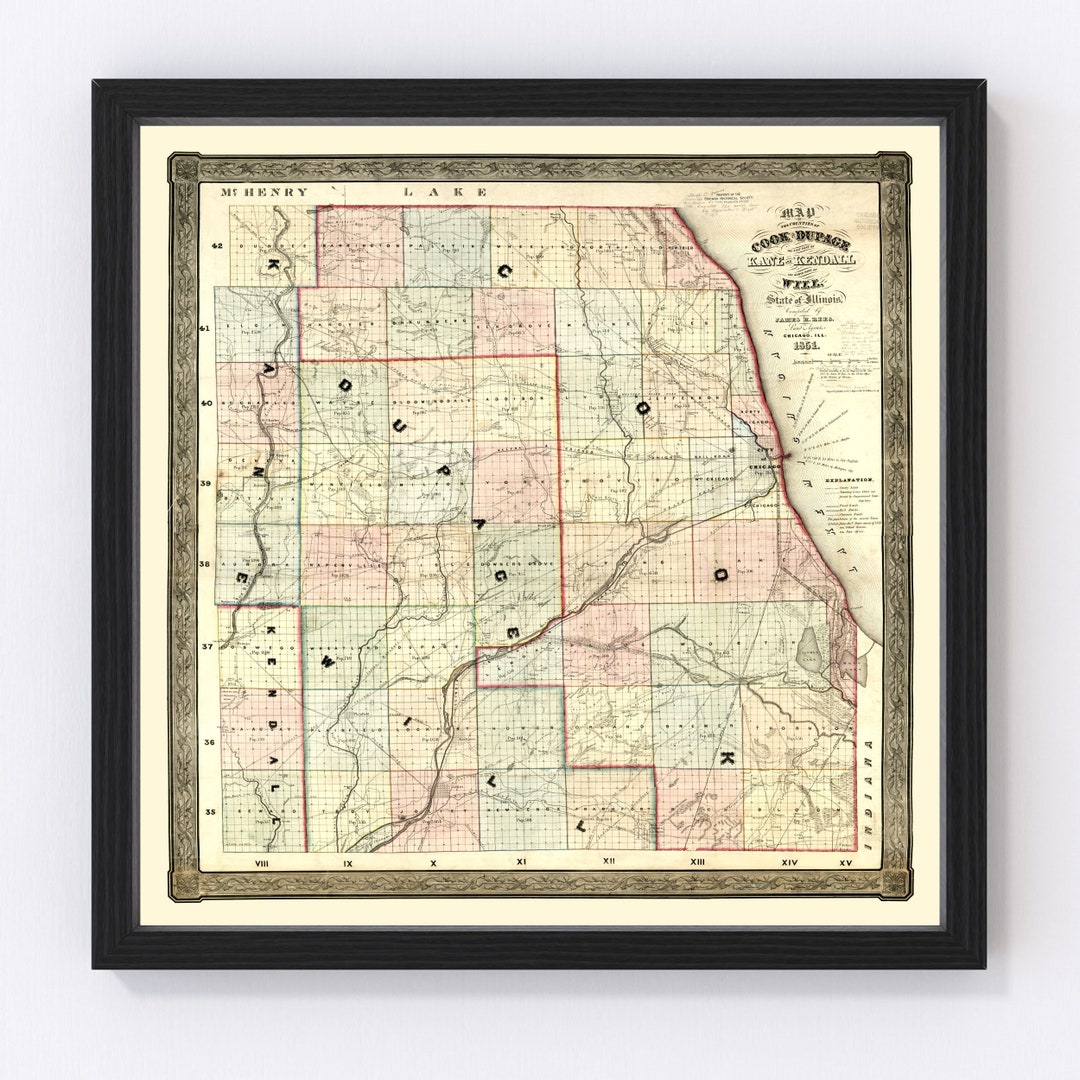 Kane County Map 1851, Vintage Kane County Map, Old Kane County Illinois ...