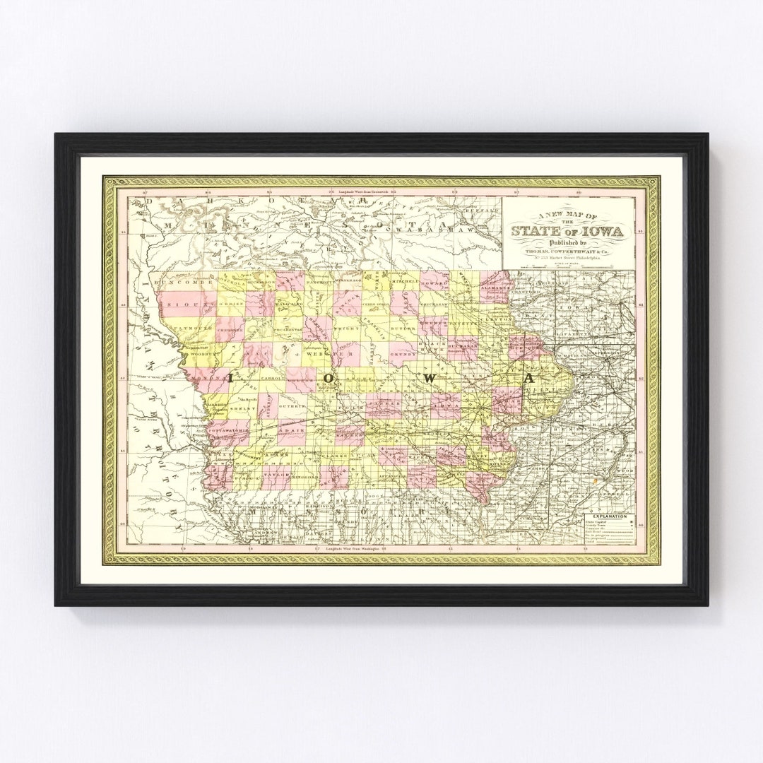 Iowa Map 1855, Vintage Iowa Map, Old Iowa Art, Wall Art Gift for Iowa ...