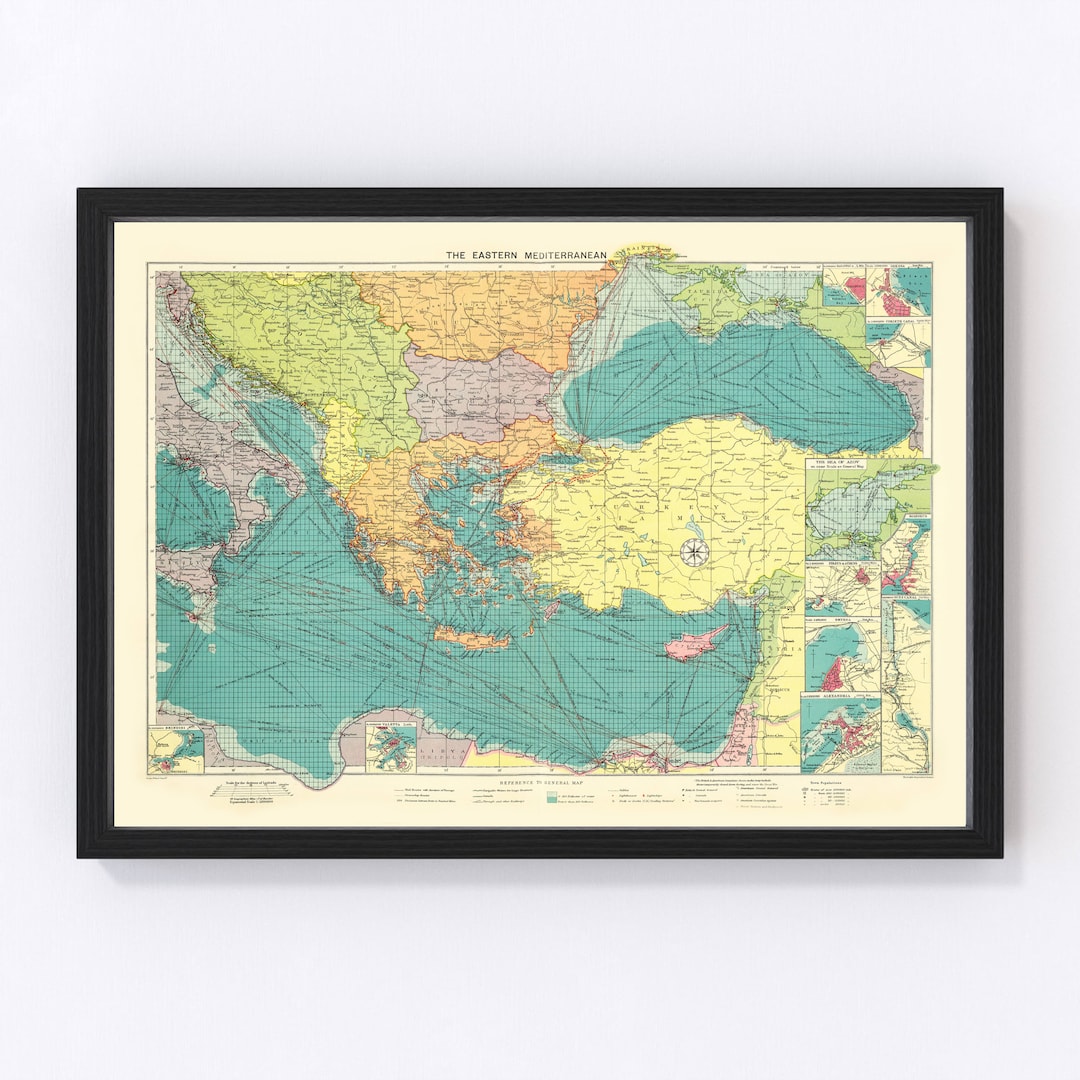 Eastern Mediterranean Sea Map 1922, Vintage Eastern Mediterranean Sea ...