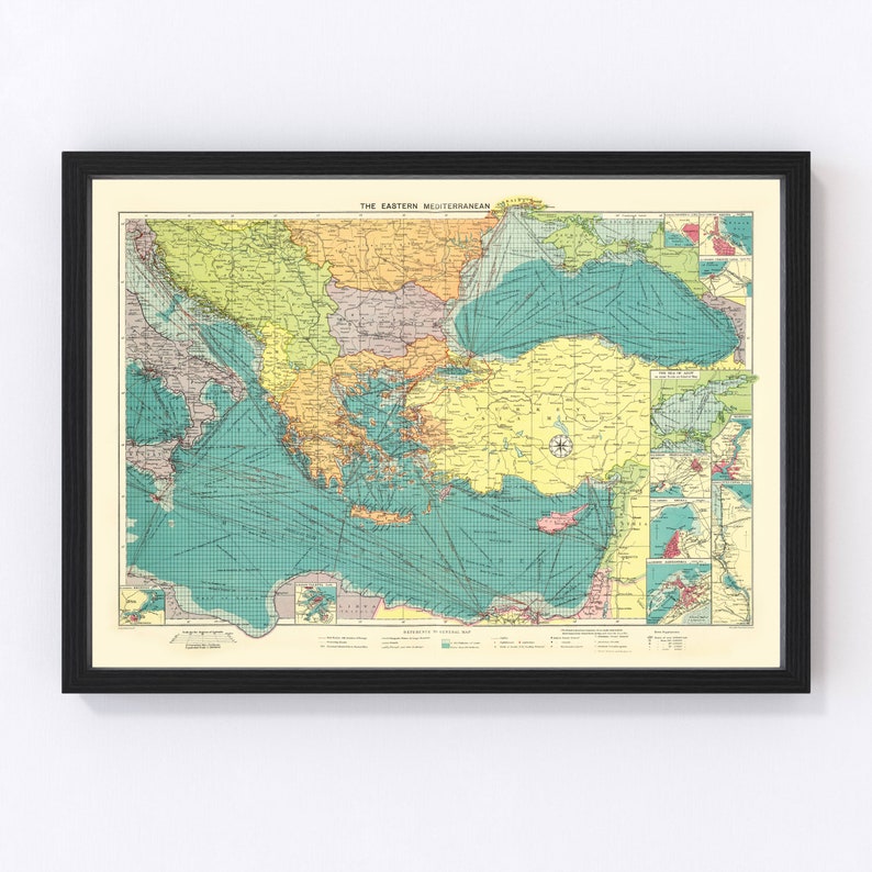 Eastern Mediterranean Sea Map 1922, Vintage Eastern Mediterranean Sea ...