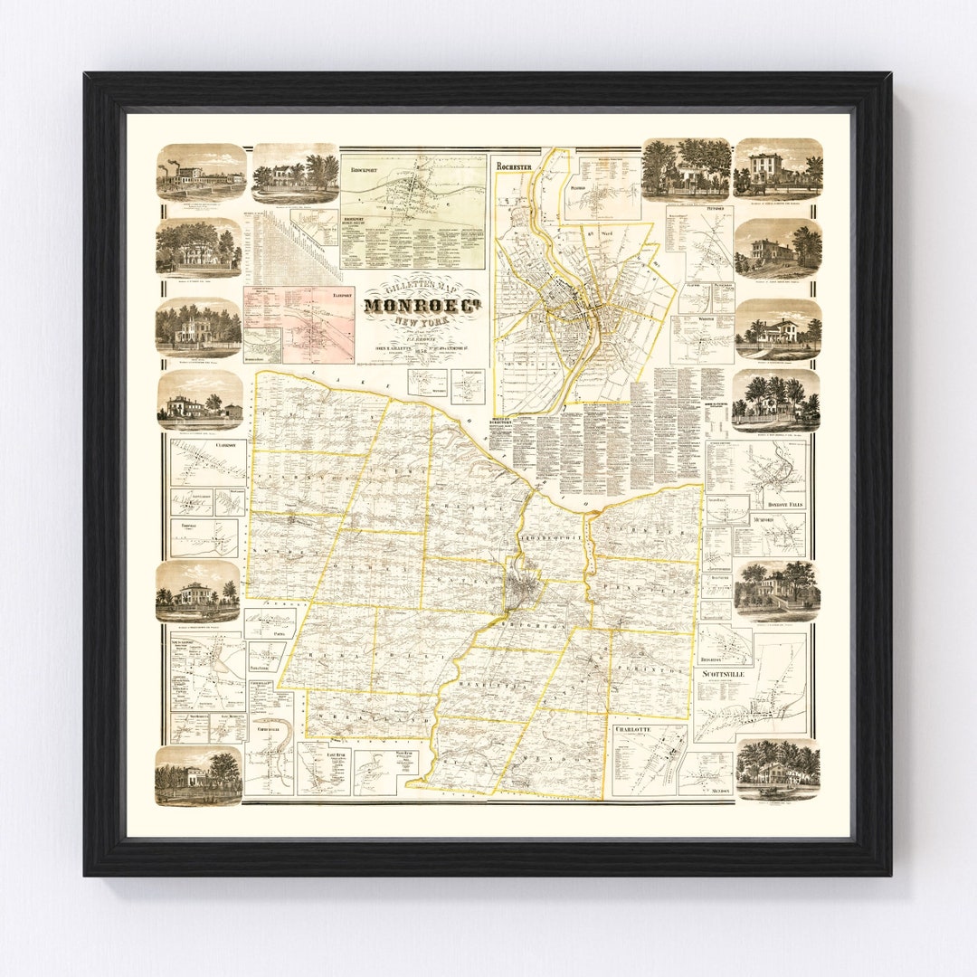 Monroe County New York Map 1858 Old Map of Monroe County New York Art ...