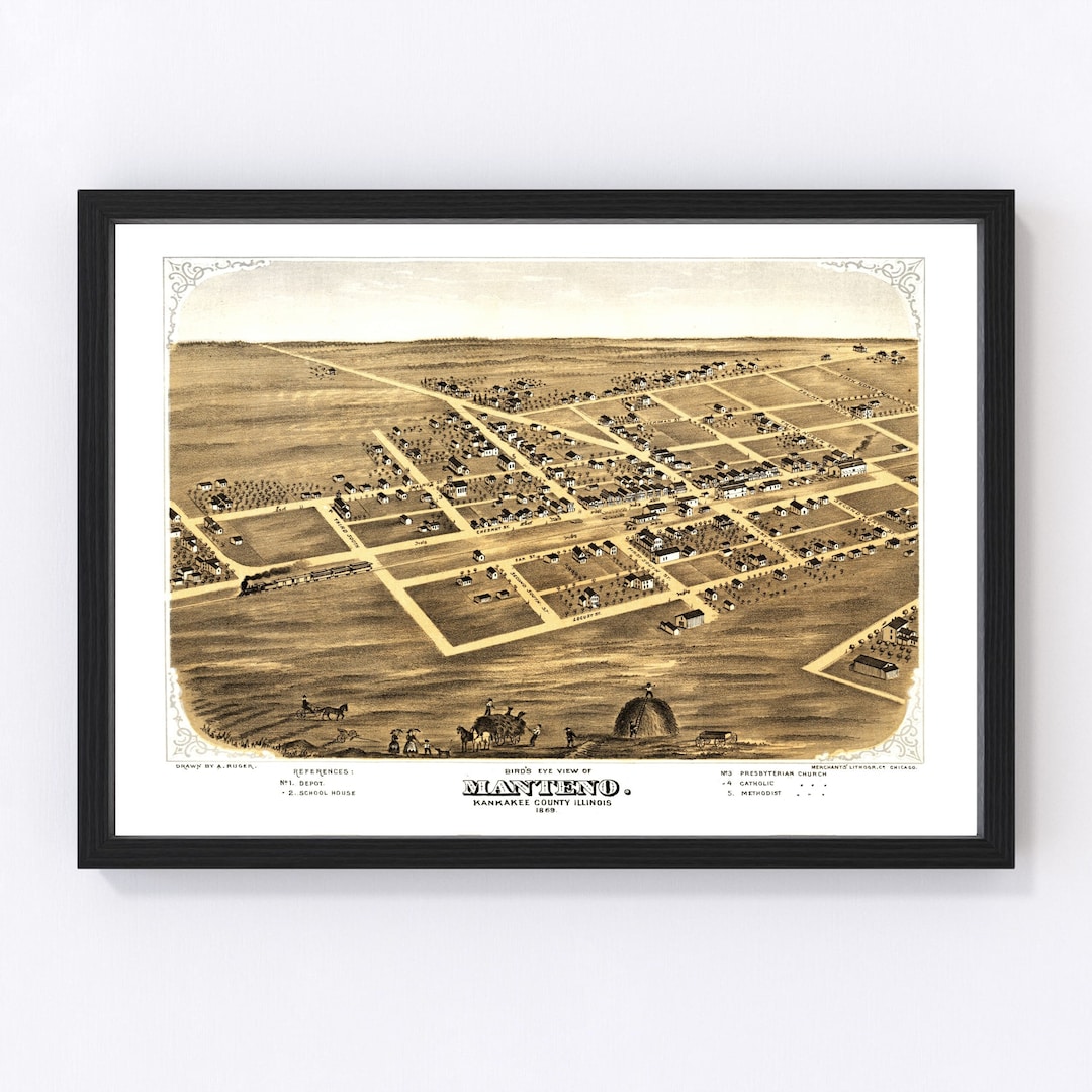 Manteno Map 1869 Old Map of Manteno Illinois Art Vintage Print Framed ...