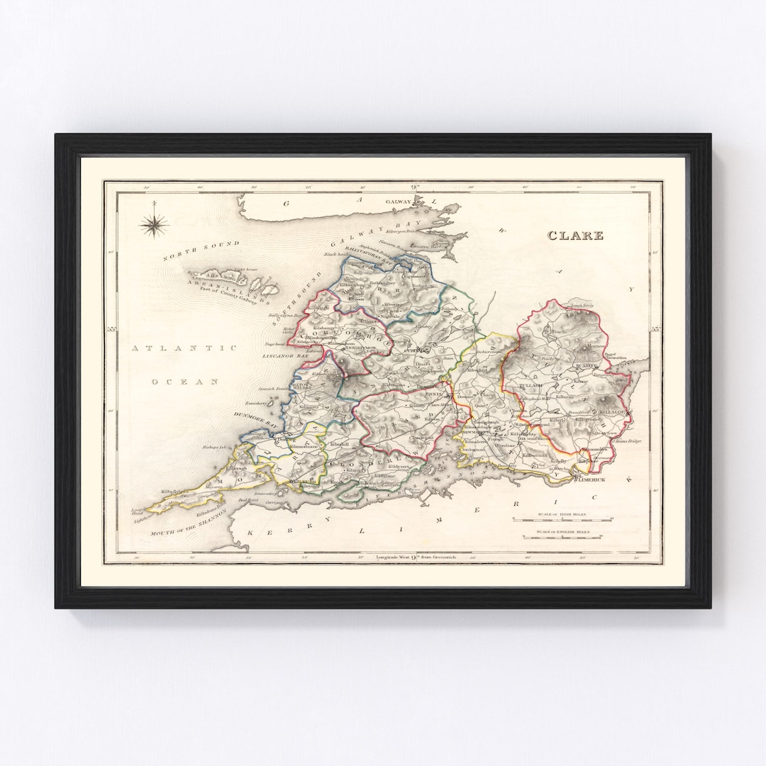 Clare County England Map 1846 Old Map of Clare County England Ireland ...