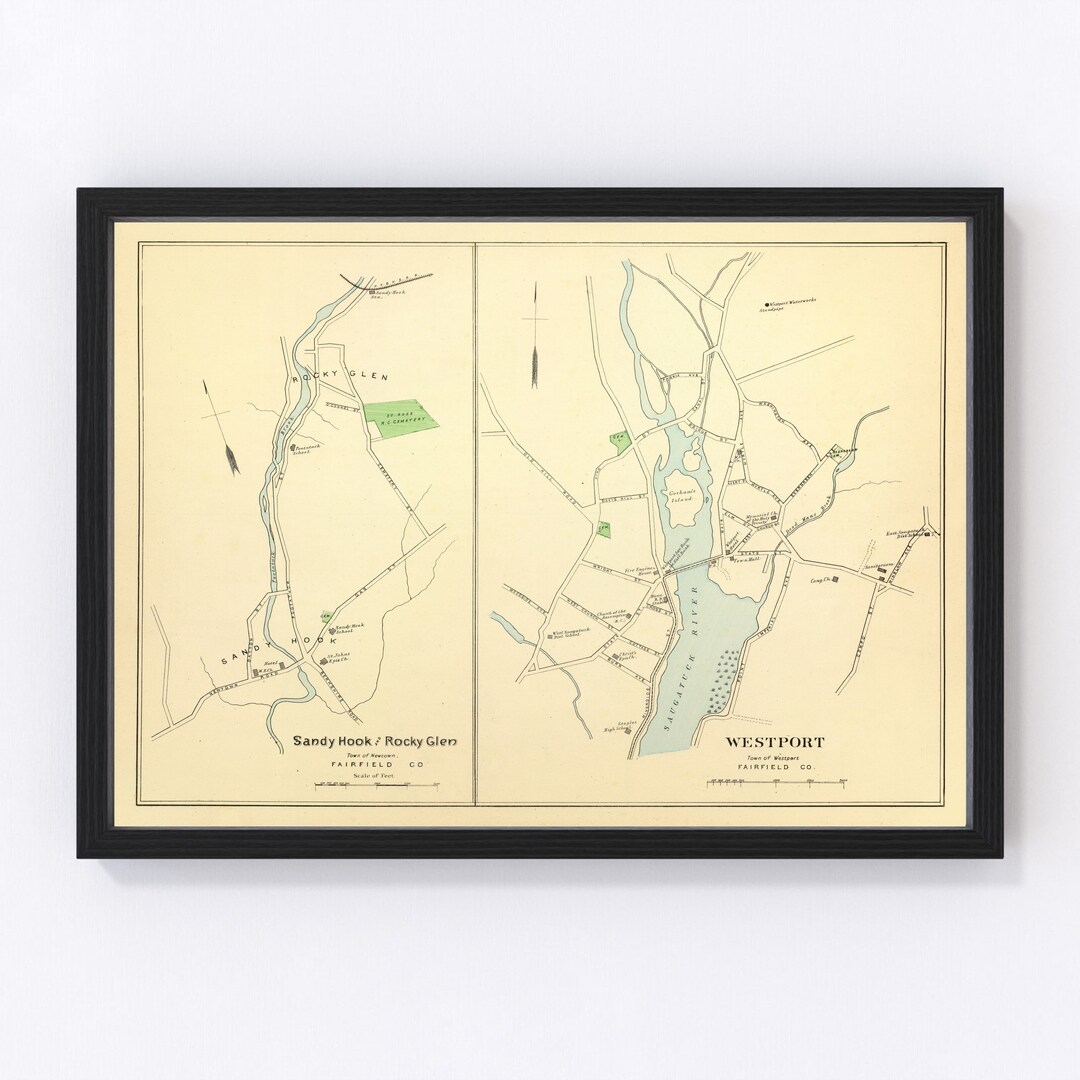 Sandy Hook Map 1893, Vintage Sandy Hook Map, Old Sandy Hook Connecticut ...