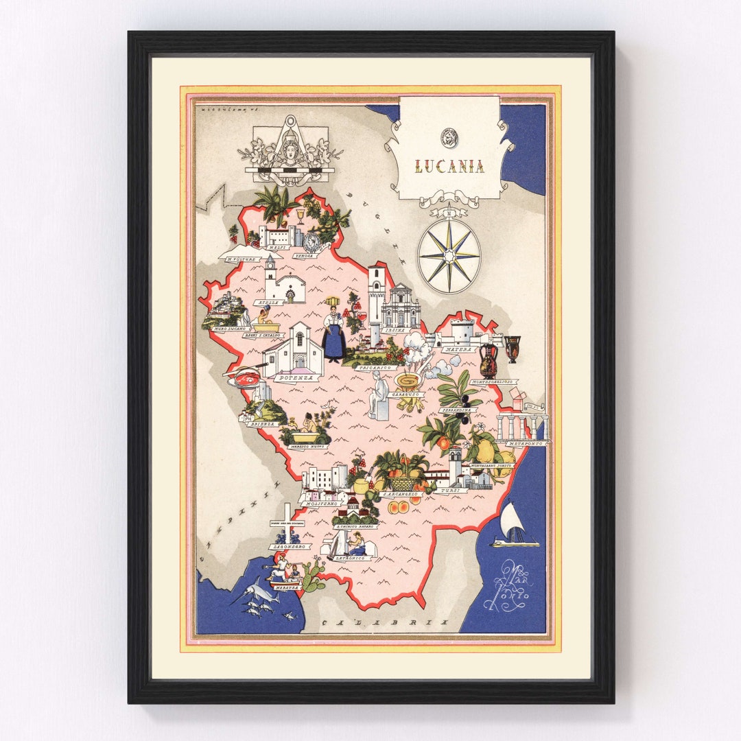 Lucania Italy Map 1938, Vintage Lucania Italy Map, Old Lucania Italy ...