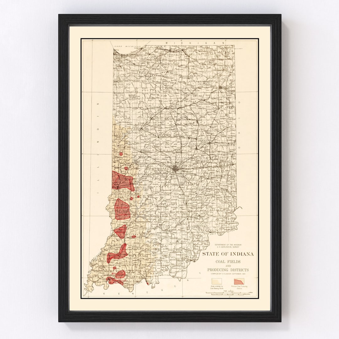 Indiana Coal Fields Map 1919, Vintage Indiana Coal Fields Map, Old ...