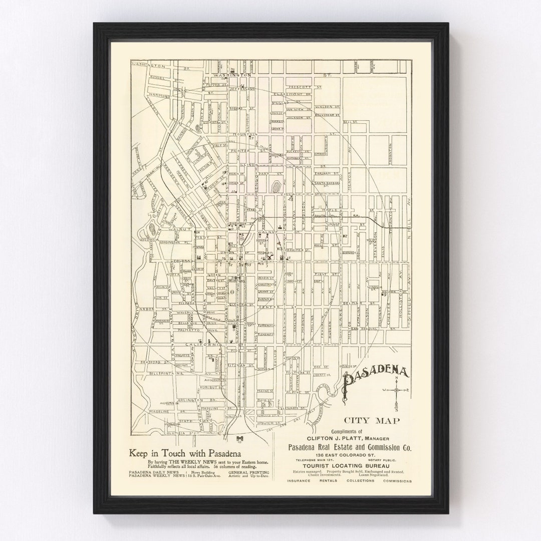 Pasadena Map 1902 Old Map of Pasadena California Art Vintage Print ...