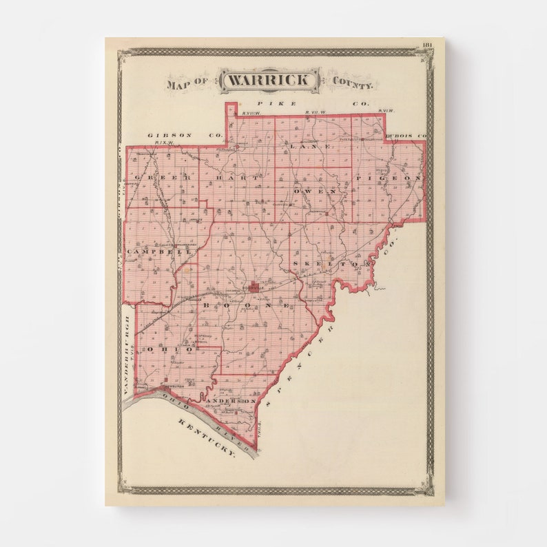 Warrick County Map 1876, Vintage Warrick County Map, Old Warrick County ...