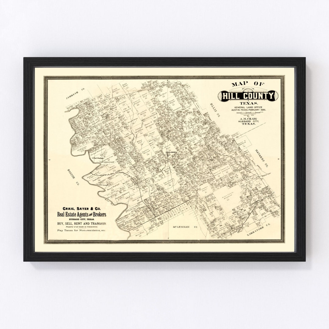 Hill County Texas Map 1886 Old Map of Hill County Texas Art Vintage ...