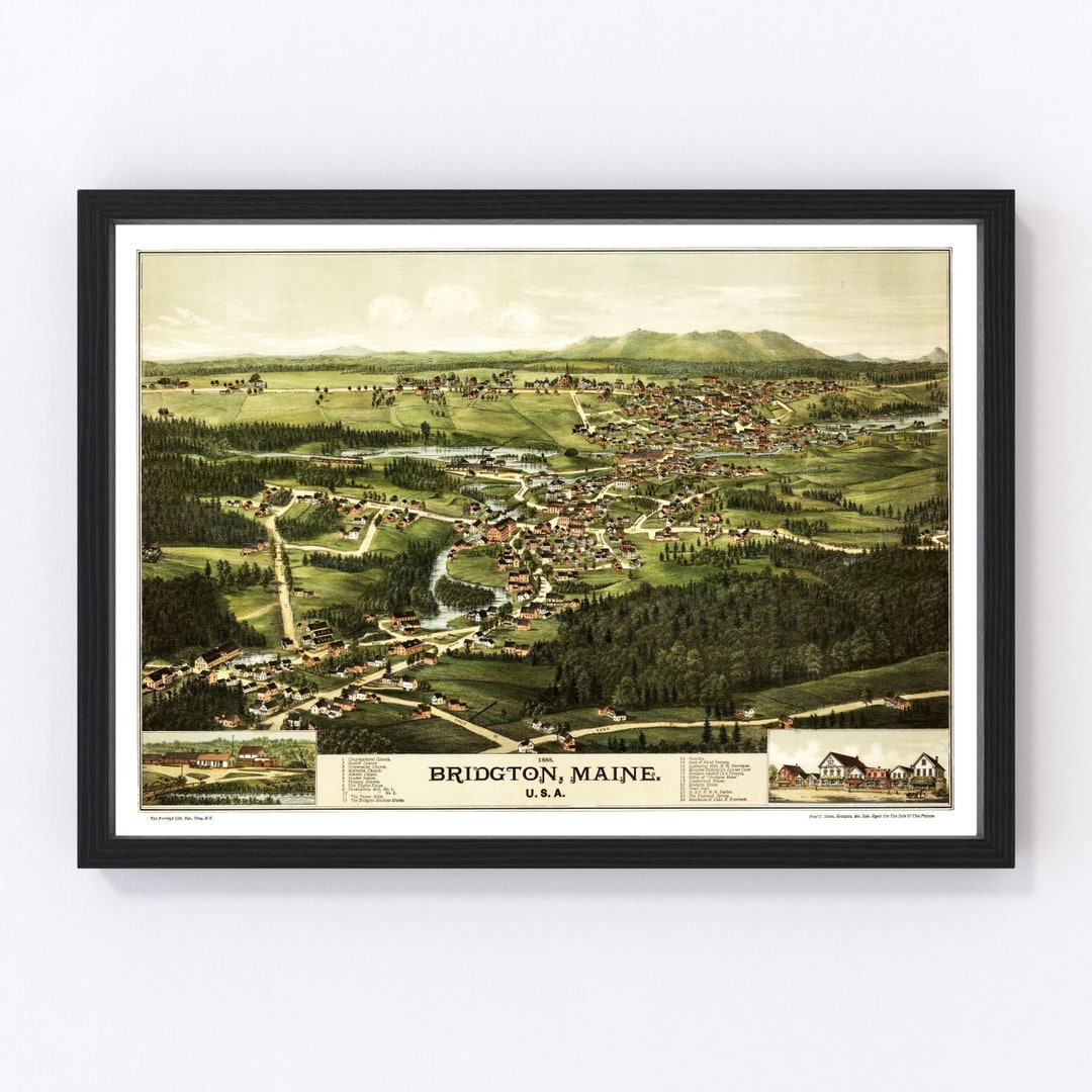 Bridgton Map 1888 Old Map of Bridgton Maine Art Vintage Print Framed ...