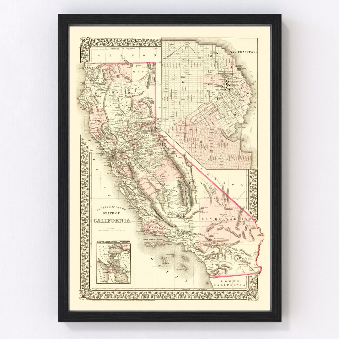 California Map 1880, Vintage California Map, Old California Art, Wall ...