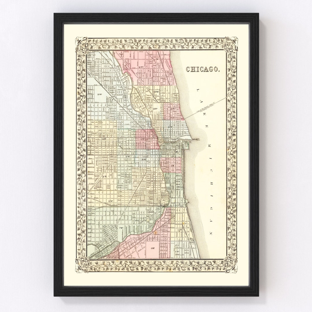 Chicago Map 1870 Old Map of Chicago Illinois Art Vintage Print Framed ...