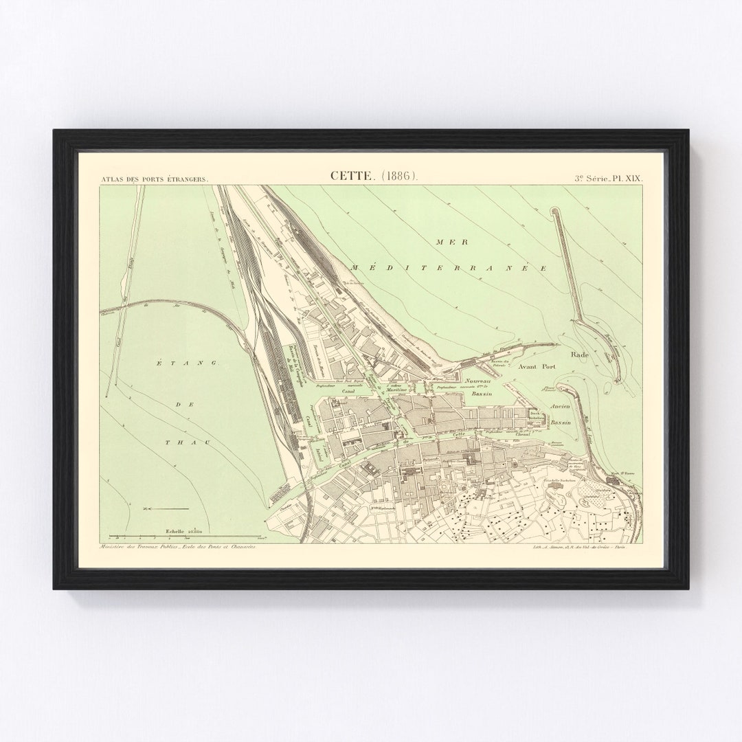 Sète Map 1886 - Old Map of Sète France Art Vintage Print Framed Wall ...