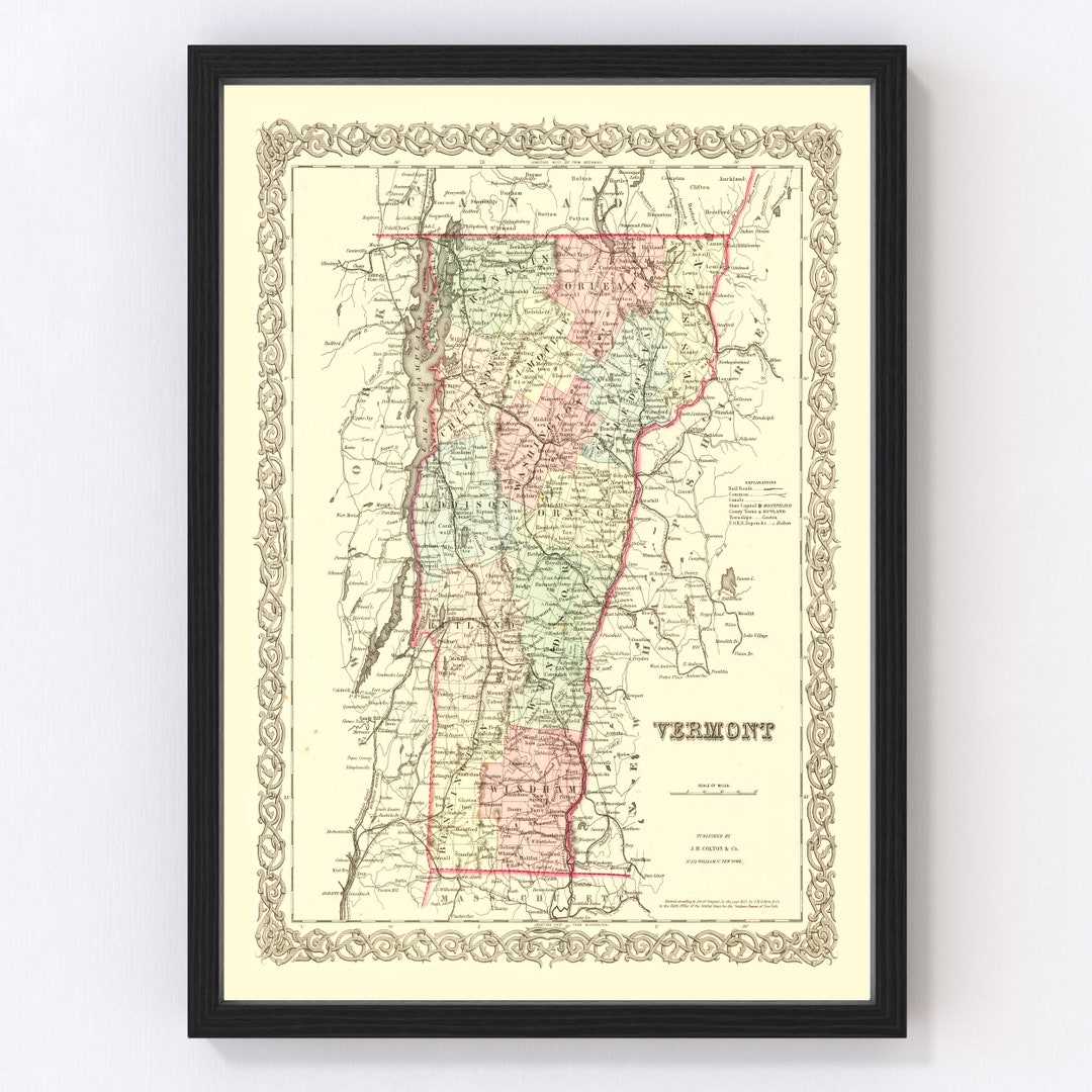 Vermont Map 1855 Old Map of Vermont Art Vintage Print Framed Wall Art ...