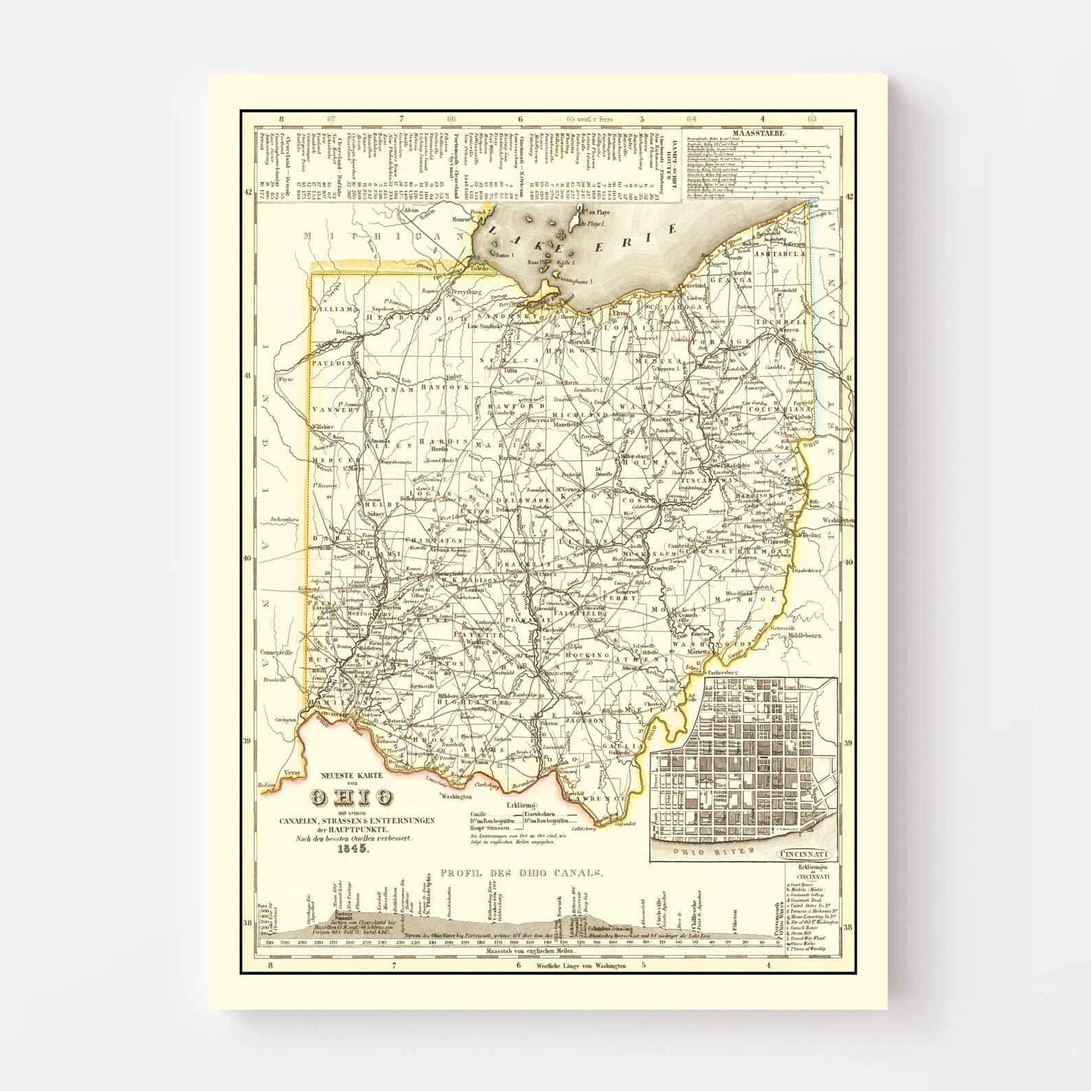 Ohio Map 1845 - Old Map of Ohio Art Vintage Print Framed Wall Art ...