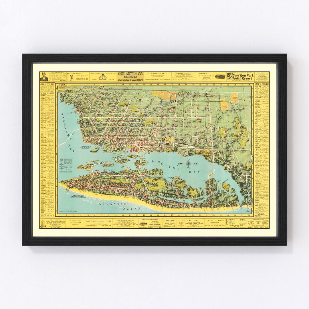 Miami Map 1940 Old Map of Miami Florida Art Vintage Print Framed Canvas ...
