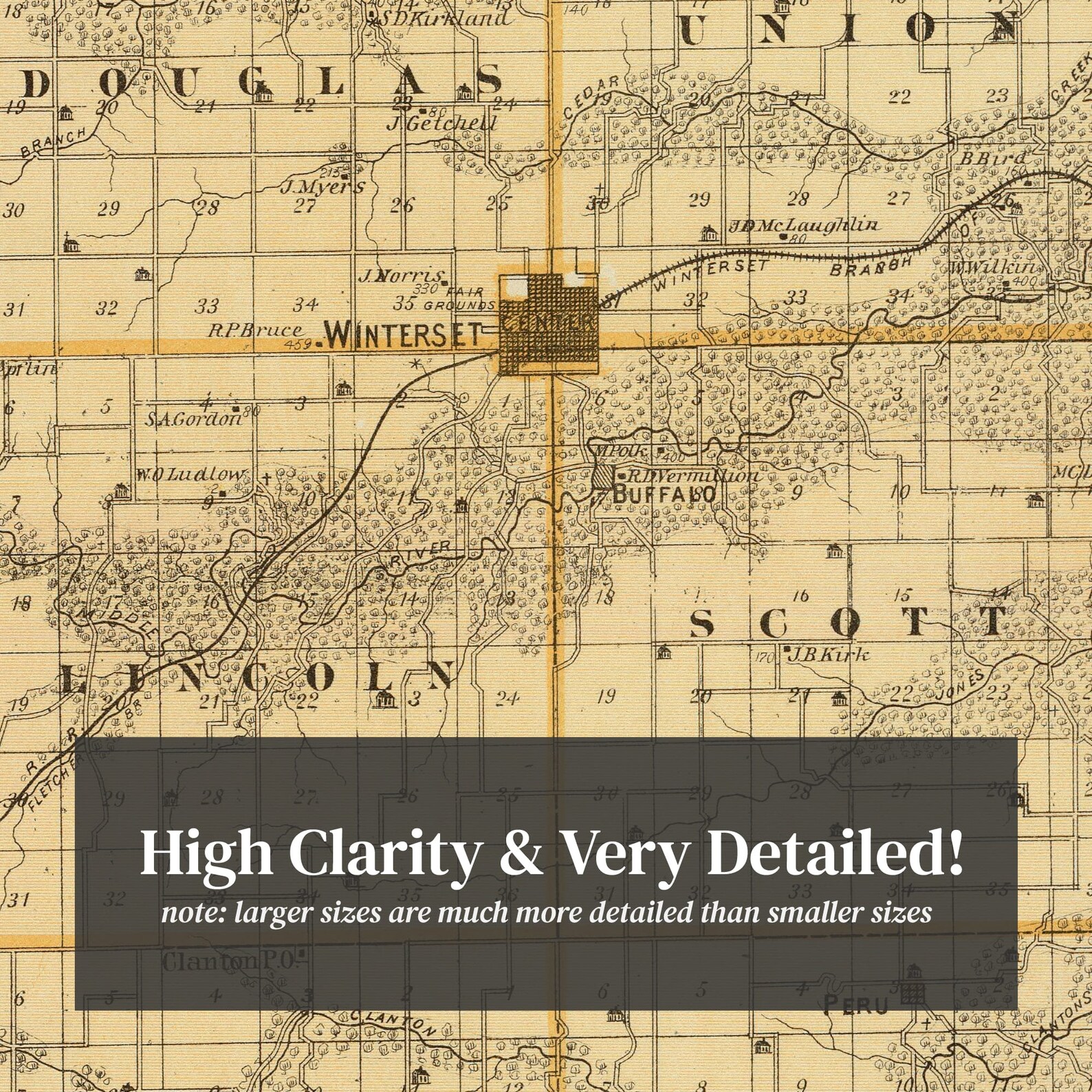 Madison County IA Map 1875 Old Map of Winterset Iowa Art - Etsy