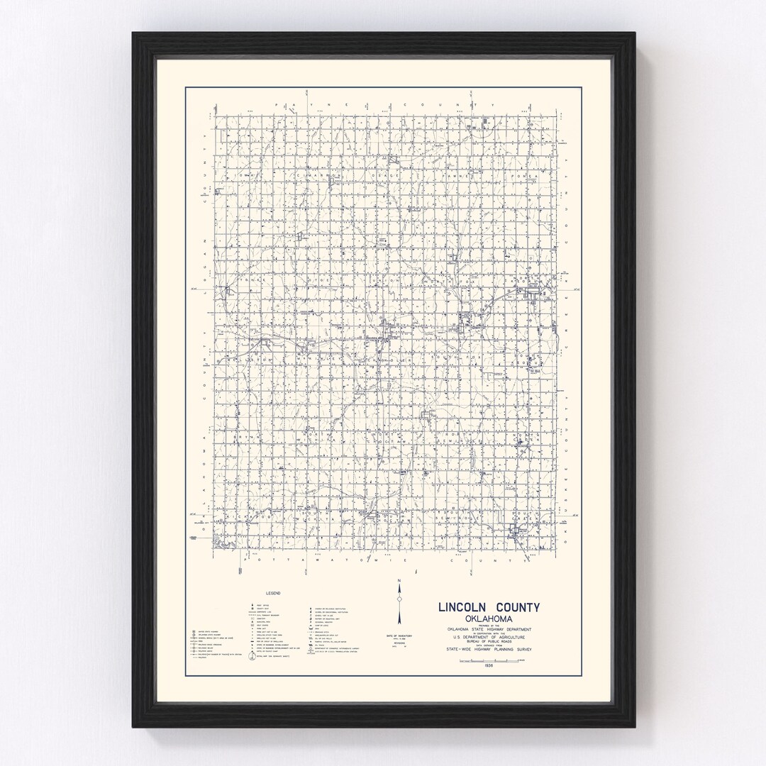 Lincoln County OK Map 1936 Old Map of Oklahoma Art Vintage Print Framed ...