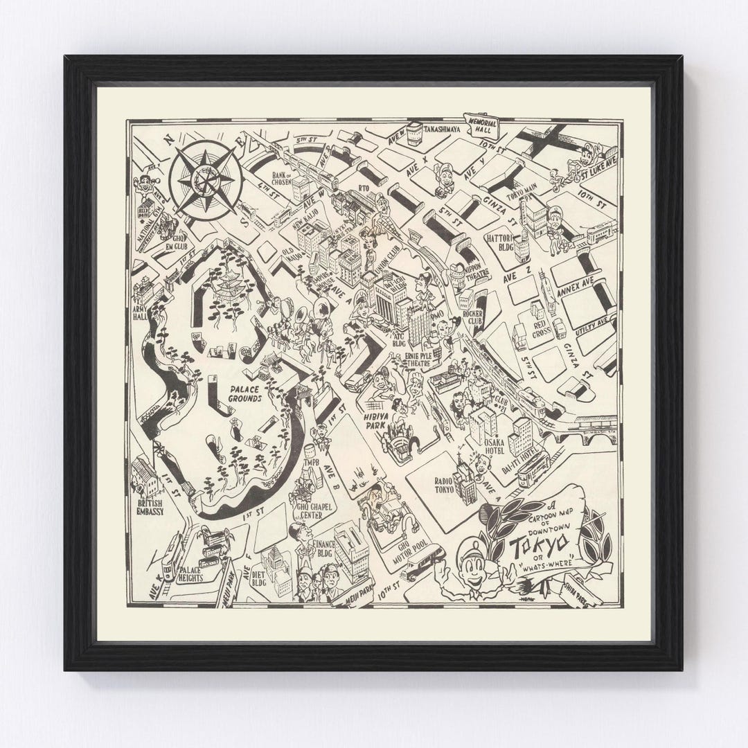 Old Map of Tokyo, Japan 1952 Framed Wall Art Vintage Canvas Portrait ...