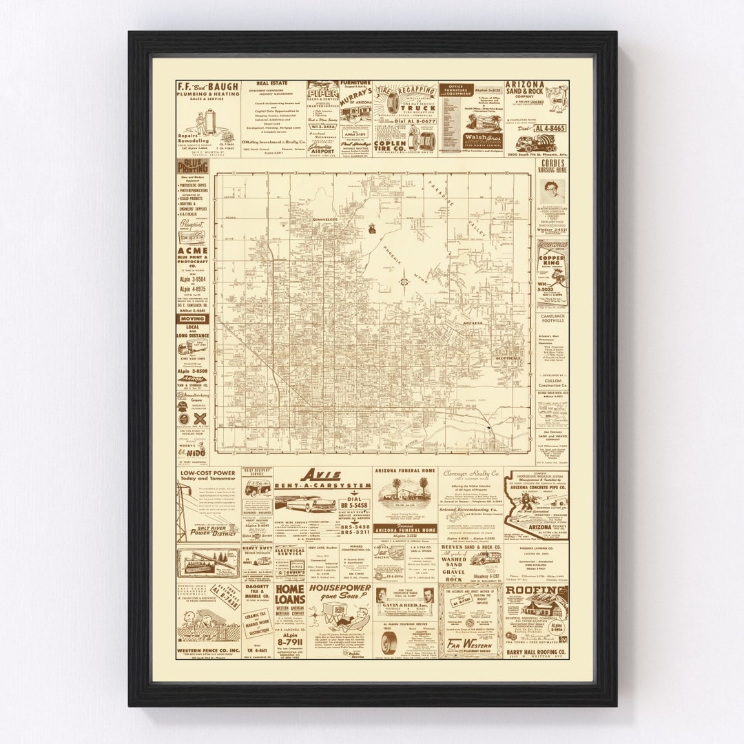 Phoenix Map 1956 - Old Map of Phoenix Arizona Art Vintage Print Framed ...