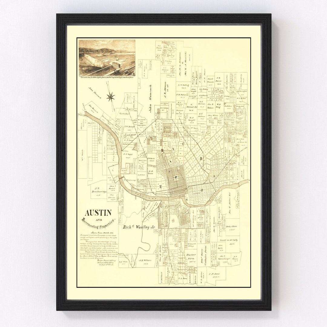 Austin Map 1891 Old Map of Austin Texas Art Vintage Print Framed Canvas ...
