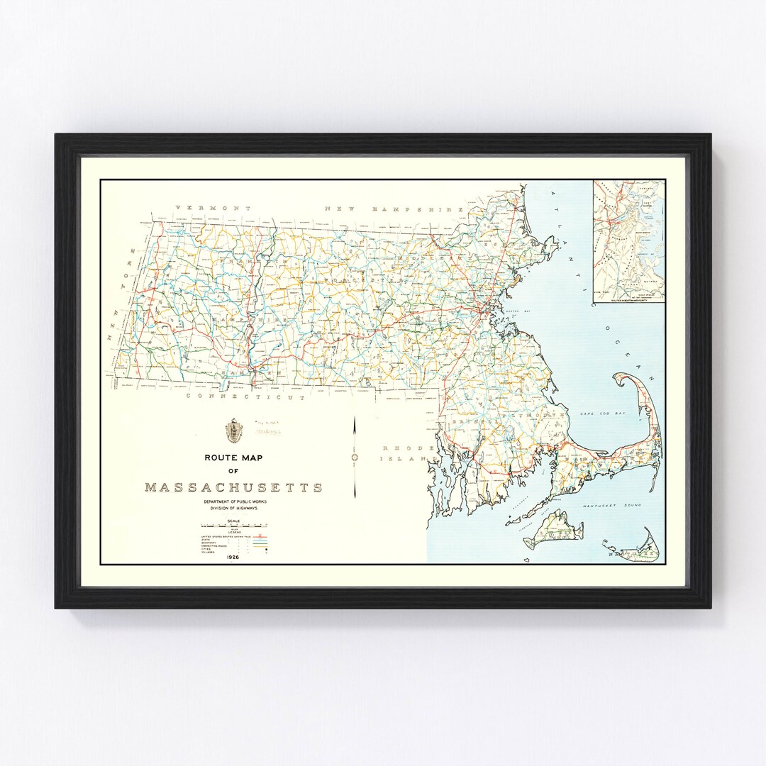 Massachusetts Map 1926, Vintage Massachusetts Map, Old Massachusetts ...