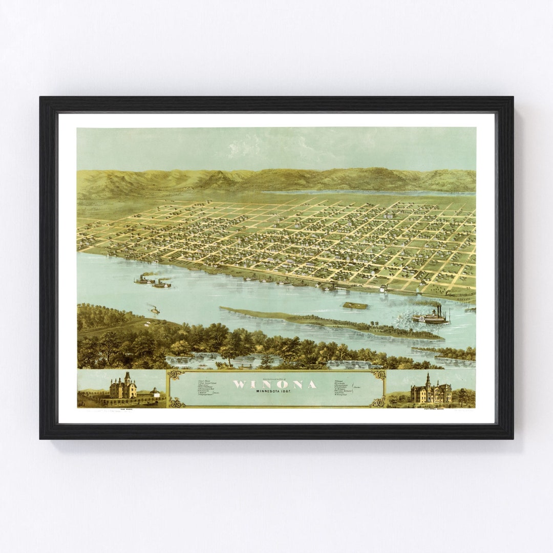 Winona Map 1867, Vintage Winona Map, Old Winona Minnesota Art, Wall Art ...