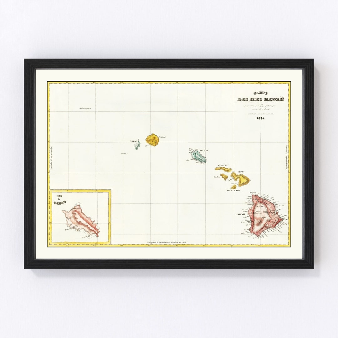 Hawaii Map 1834, Vintage Hawaii Map, Old Hawaii Art, Wall Art Gift for ...