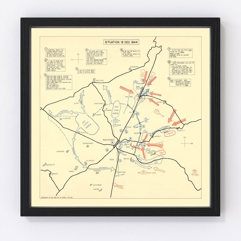 Bastogne Map 1944, Vintage Bastogne Map, Old Bastogne Art, Wall Art ...