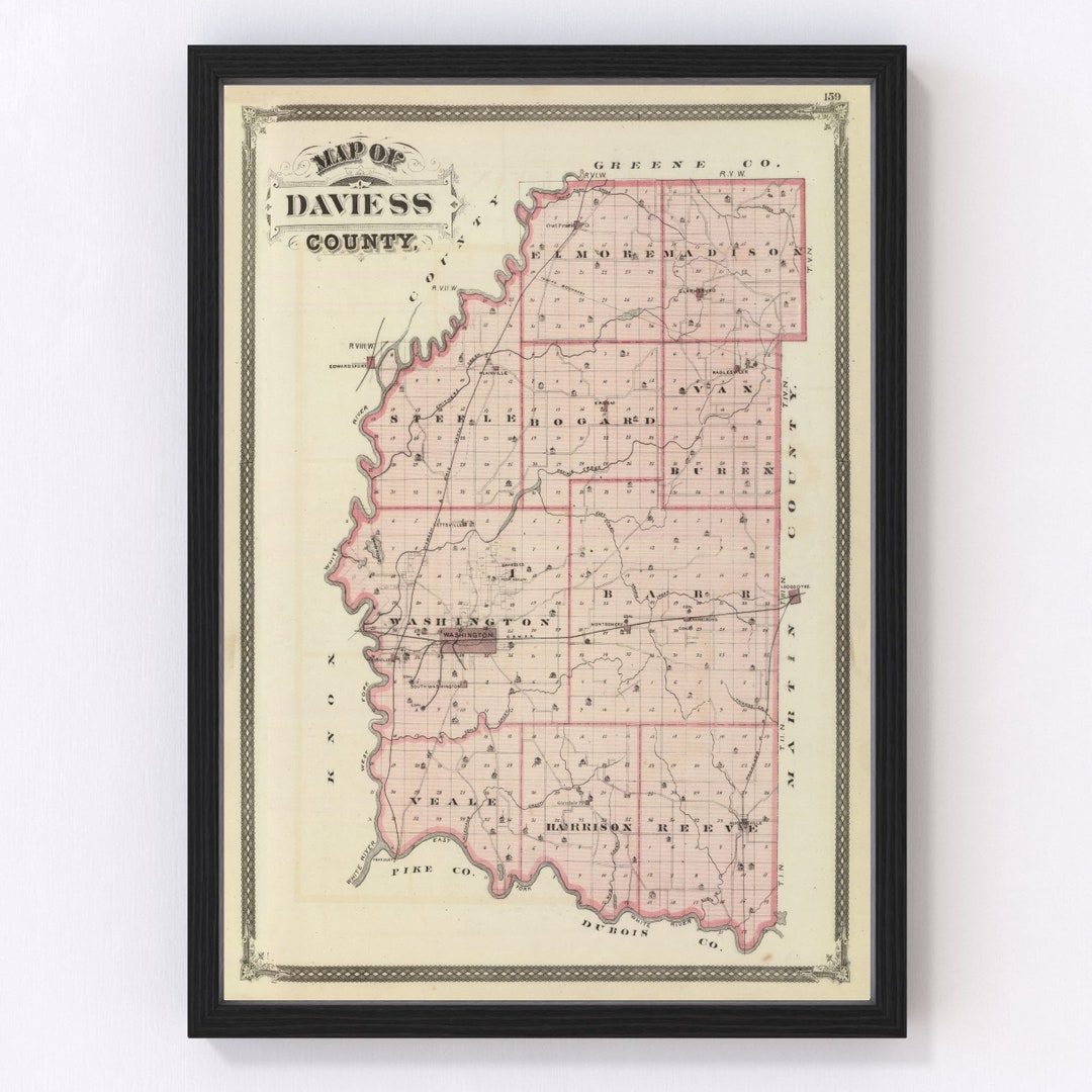 Daviess County IN Map 1876 Old Map of Washington Indiana Art Vintage ...