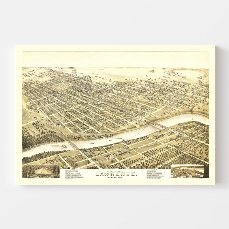 Lawrence Map 1880, Vintage Lawrence Map, Old Lawrence Kansas Art, Wall ...