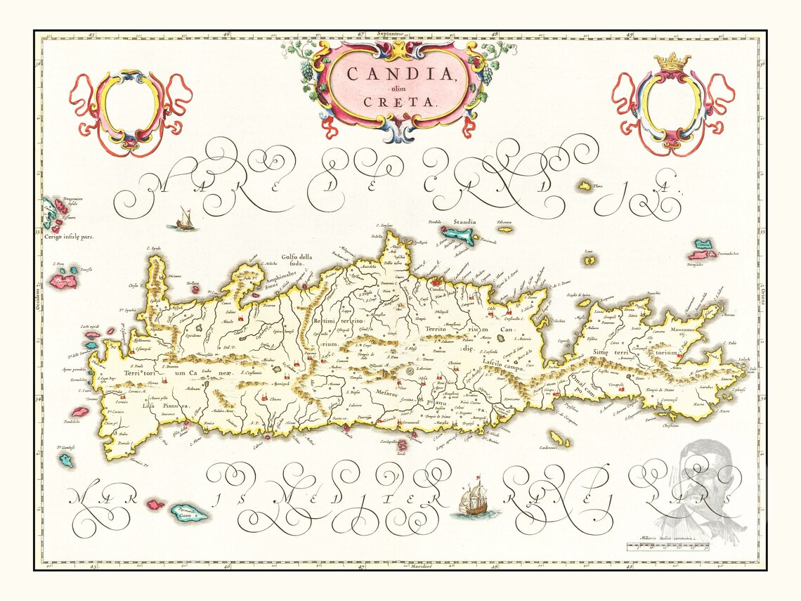Crete Greece Map Art Vintage Print From 1665 Old Crete | Etsy