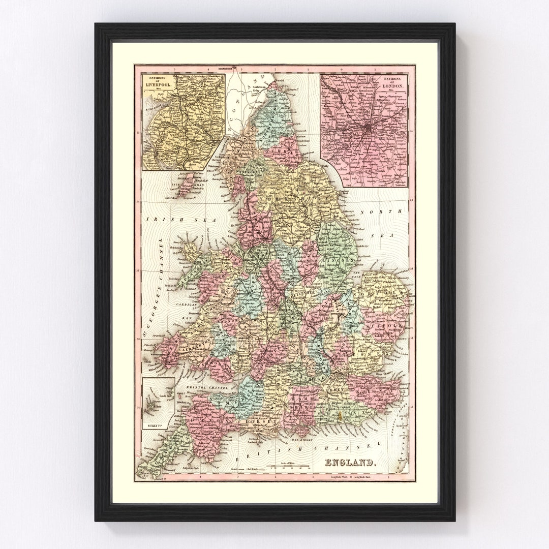 England Map Art Vintage Print From 1842 Old England Art Framed or ...