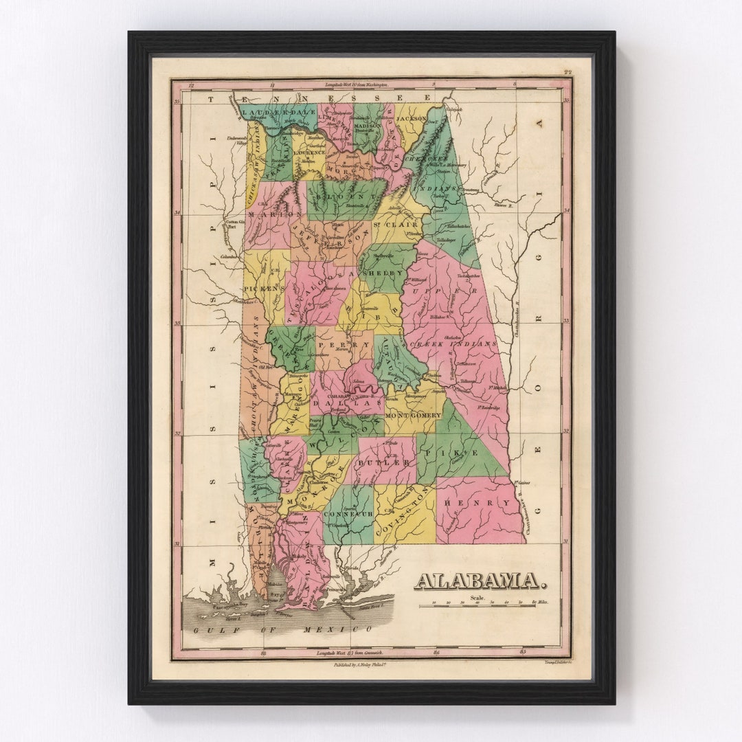 Alabama Map 1824, Vintage Alabama Map, Old Alabama Art, Wall Art Gift ...