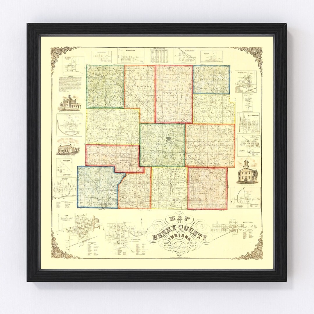 Henry County Indiana Map 1857 Old Map of Henry County Indiana Art ...