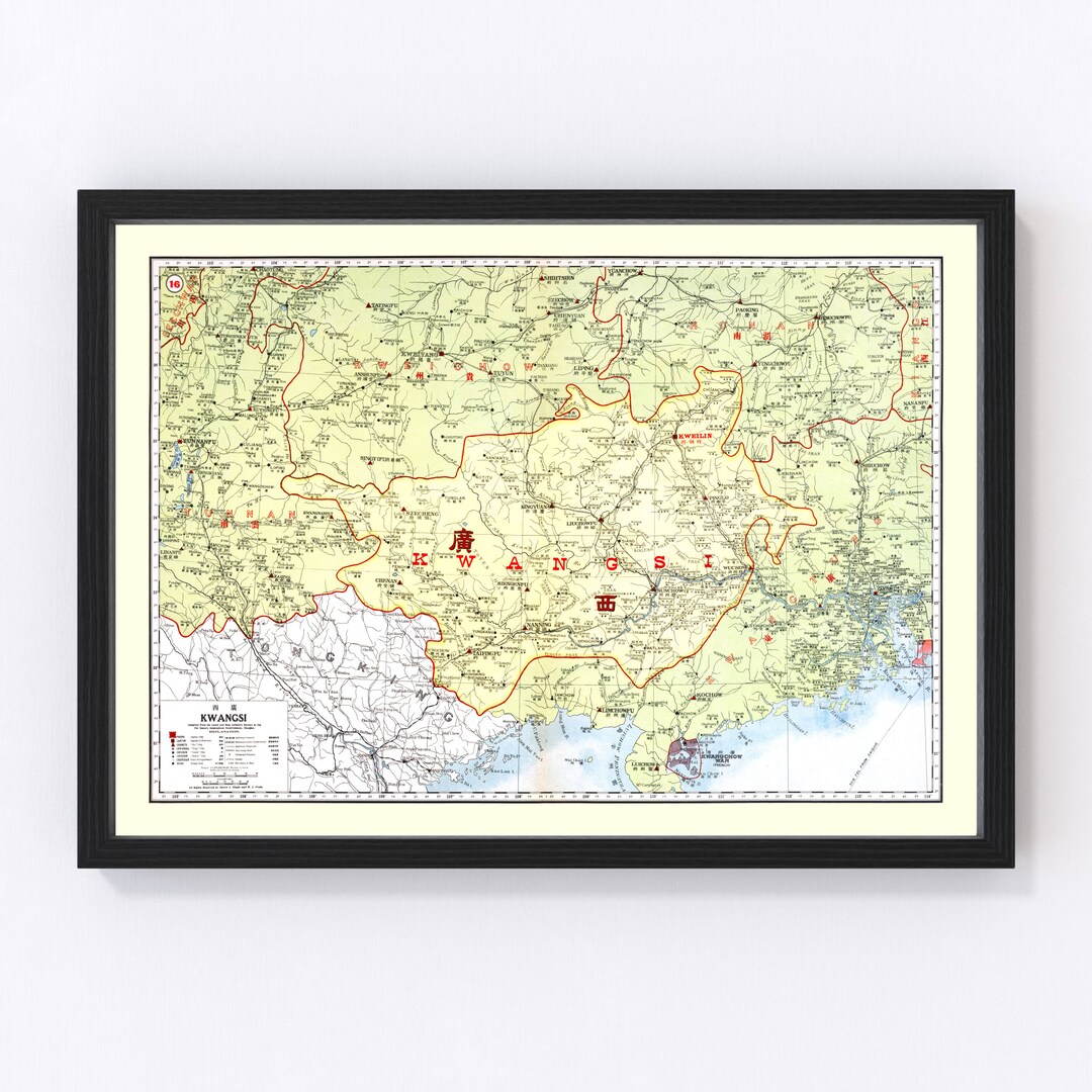 Kwangsi China Map 1917, Vintage Kwangsi China Map, Old Kwangsi China ...