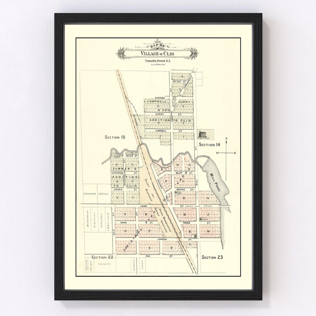 Clio Map 1889, Vintage Clio Map, Old Clio Michigan Art, Wall Art Gift ...