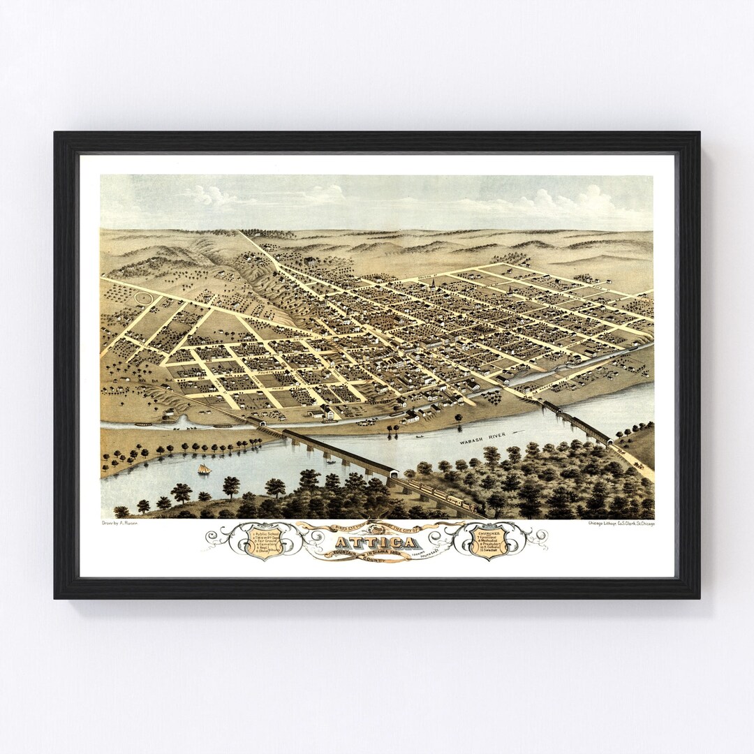 Attica Map 1869 Old Map of Attica Indiana Art Vintage Print Framed ...