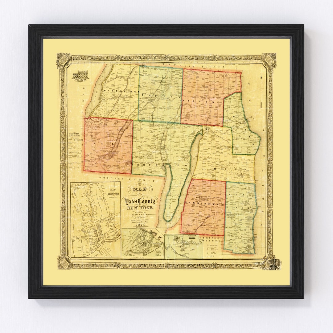 Yates County New York Map 1855 Old Map of Yates County New York Art ...