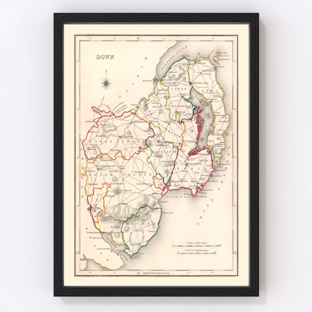 Down County Ireland Map 1846, Vintage Down County Ireland Map, Old Down ...