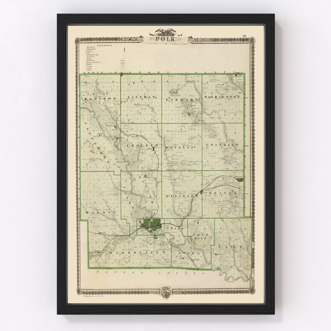 Polk County IA Map 1875 Old Map of Des Moines Iowa Art Vintage Print ...