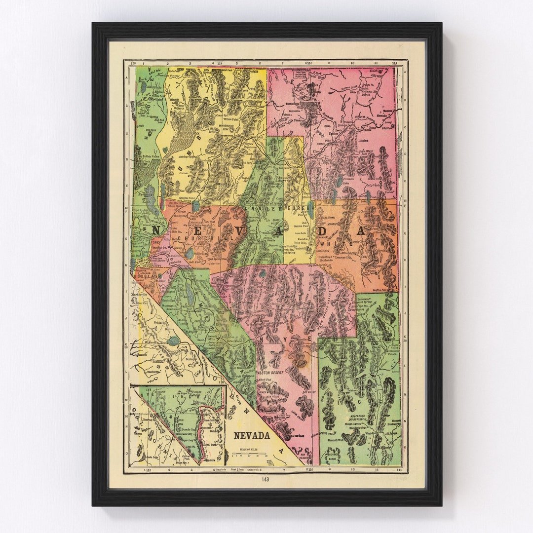 Nevada Map 1909, Vintage Nevada Map, Old Nevada Art, Wall Art Gift for ...