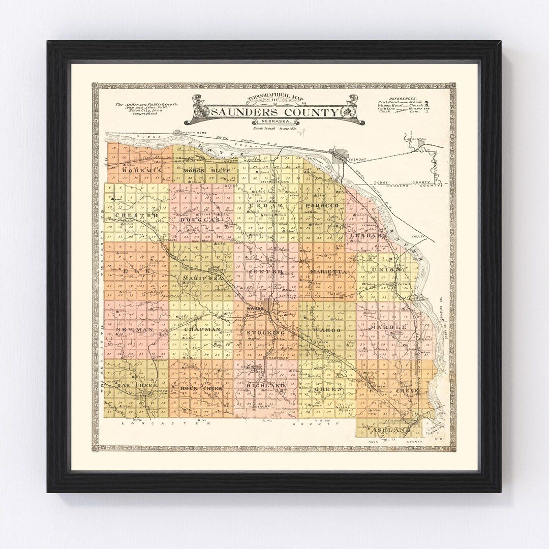 Saunders County Map 1916, Vintage Saunders County Map, Old Saunders ...