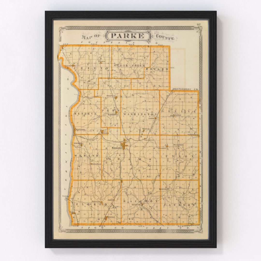 Parke County Map 1876, Vintage Parke County Map, Old Parke County ...